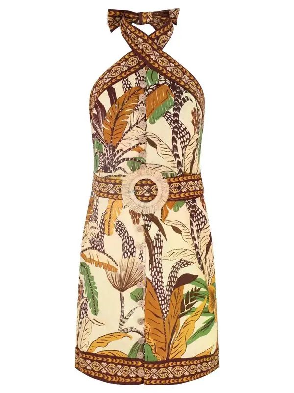 Farm Rio Halter-neck Botanical Print Day Dress - Neutrals