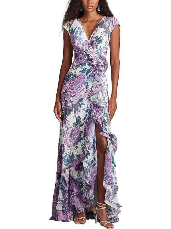Tadashi Shoji Sinai Floral Cascading Ruffle Gown - Purple