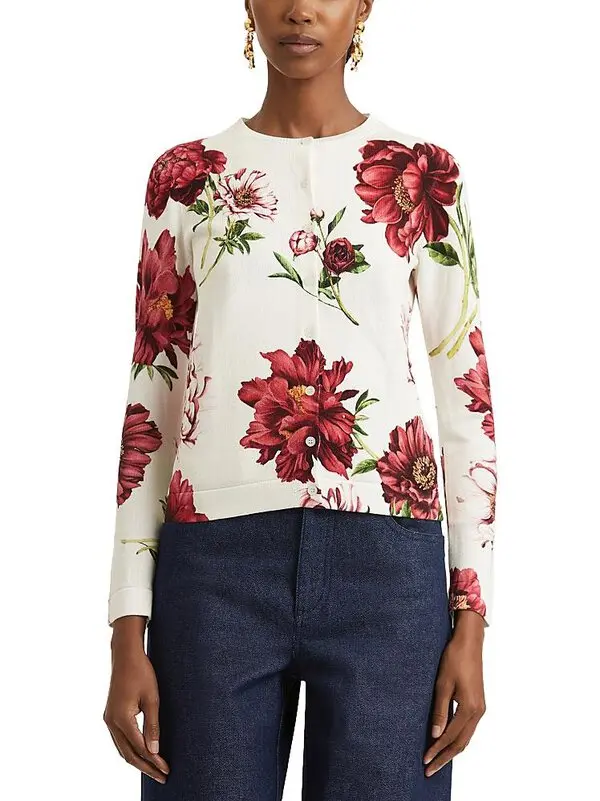 Oscar De La Renta Long Sleeve Peony Print Cardigan Sweater - Ivory