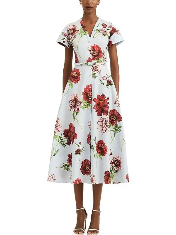 Oscar De La Renta Peony Print Belted Dress - Blue Quartz Multi