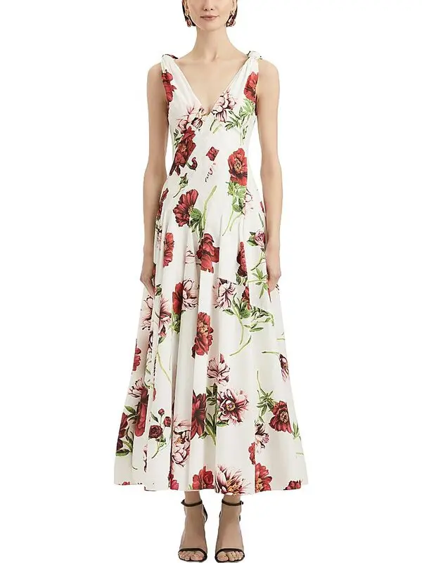 Oscar De La Renta V-neck Peony Print Dress - Ivory Multi