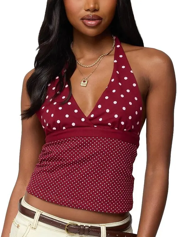 EDIKTED Polka Dot Halter Top - Burgundy
