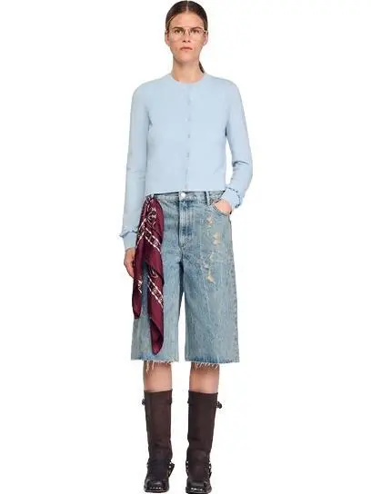 Sandro Cropped Ruffled Cuff Cardigan - Blue