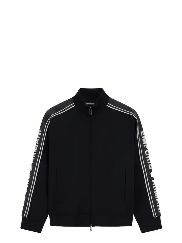 Emporio Armani Double-jersey Full-zip Sweatshirt With Logo Stripe - Black
