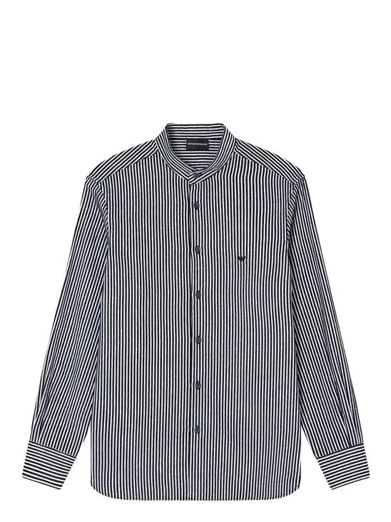 Emporio Armani Chenille Shirt With A Guru Collar With A Striped Motif - Blue