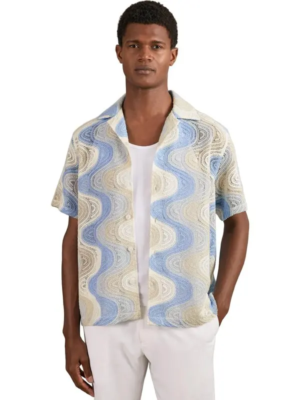 REISS Wilson Wave Crochet Cuban Collar Shirt - Blue Multi