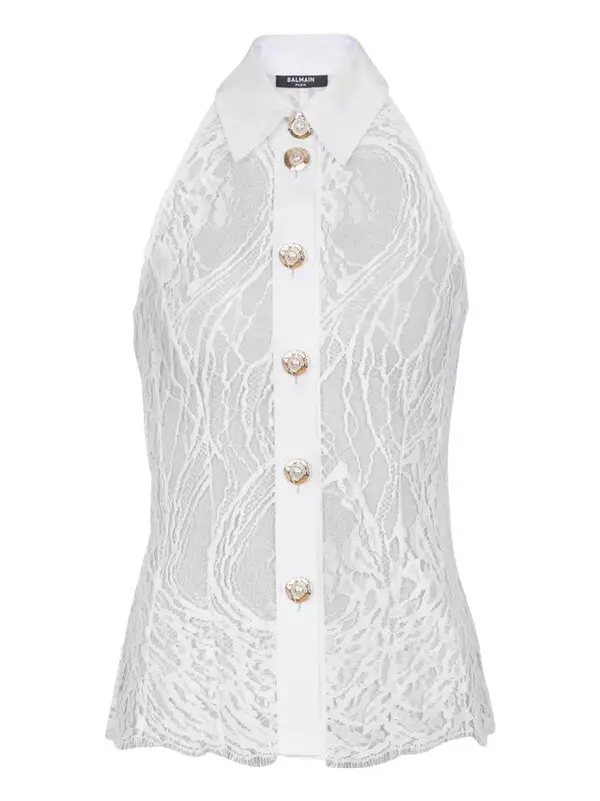 Balmain Lace Halterneck Buttoned Top - White