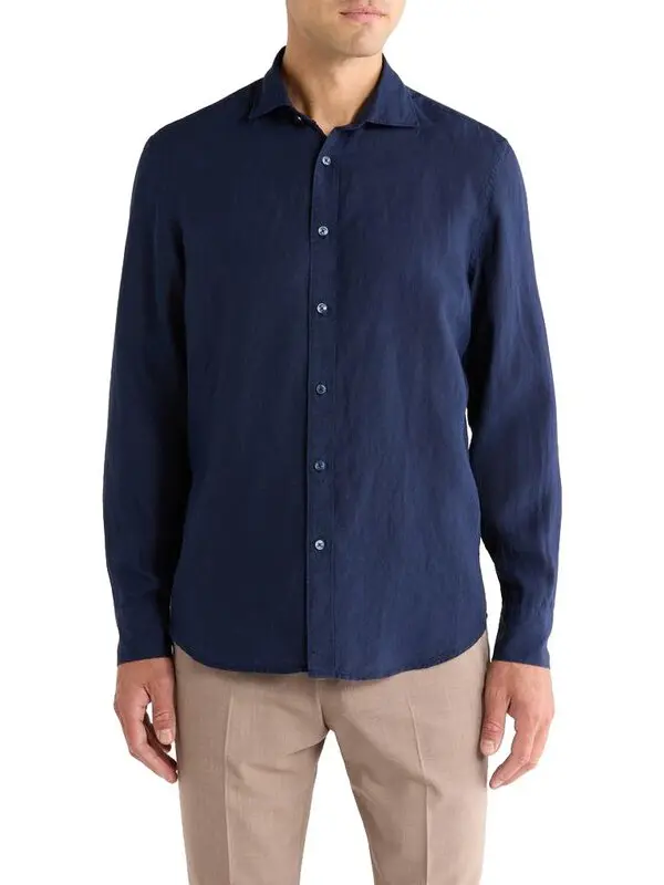 Bugatchi Axel Shaped Fit Linen Button-up Shirt - Navy