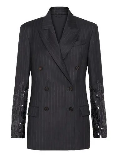Brunello Cucinelli Virgin Wool Chalk Stripe Twill Blazer With Embroidery - Lignite Grey