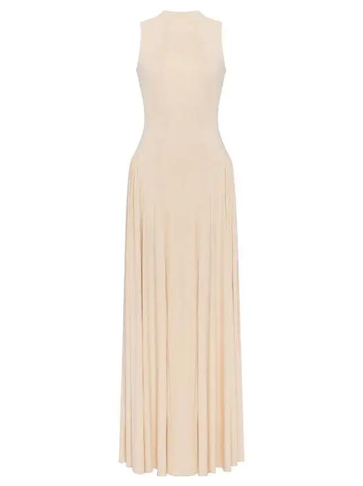 MILLA Sleeveless Mock Neck Dress With Pleated Maxi Skirt - Nude