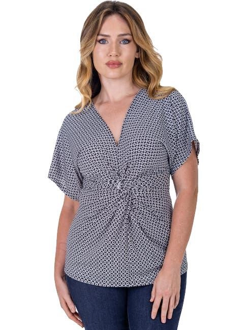 24SEVEN COMFORT APPAREL Petite Geometric Print Knot Front Top - Black Multi