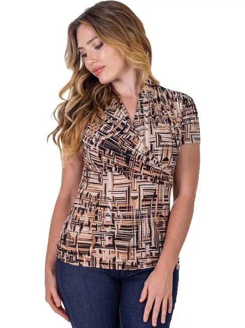 24SEVEN COMFORT APPAREL Printed Short Sleeve Wrap Top - Brown Multi