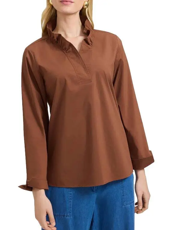Foxcroft Tammy Ruffle Collar Cotton-blend Top - Macchiato