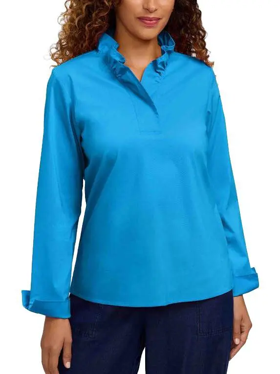 Foxcroft Tammy Ruffle Collar Cotton-blend Top - Malibu Blue