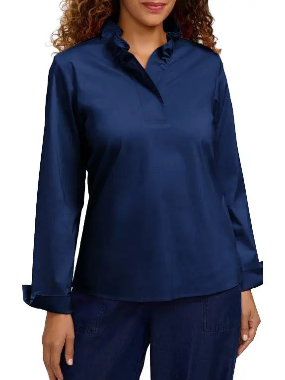 Foxcroft Tammy Ruffle Collar Cotton-blend Top - Navy Blue