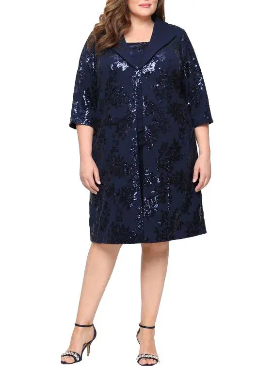 Alex Evenings Sequin Scuba Crepe Cocktail Dress With Jacket - Navy