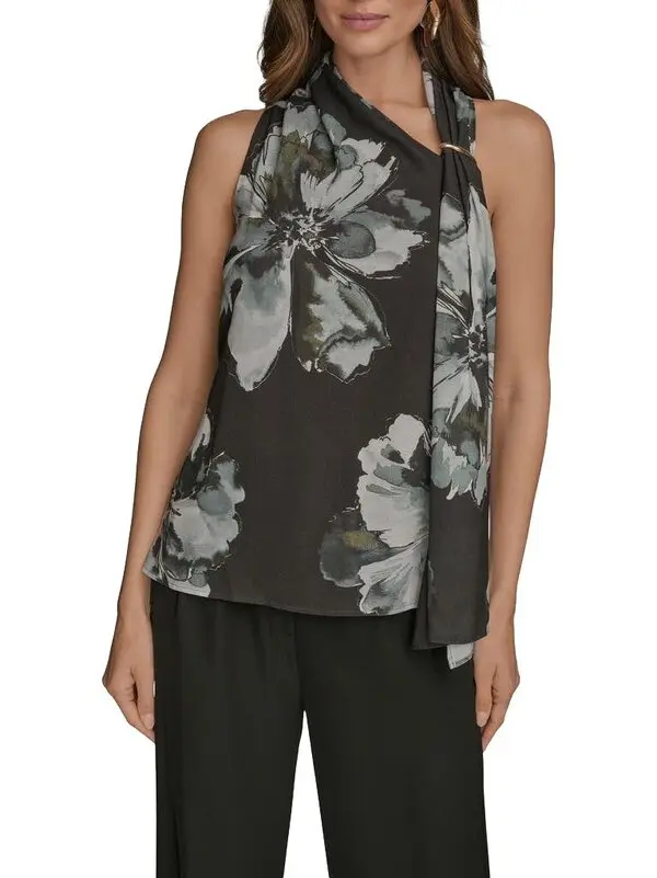 Donna Karan New York Printed Sleeveless Top With Side Drape - Black/grey Multi