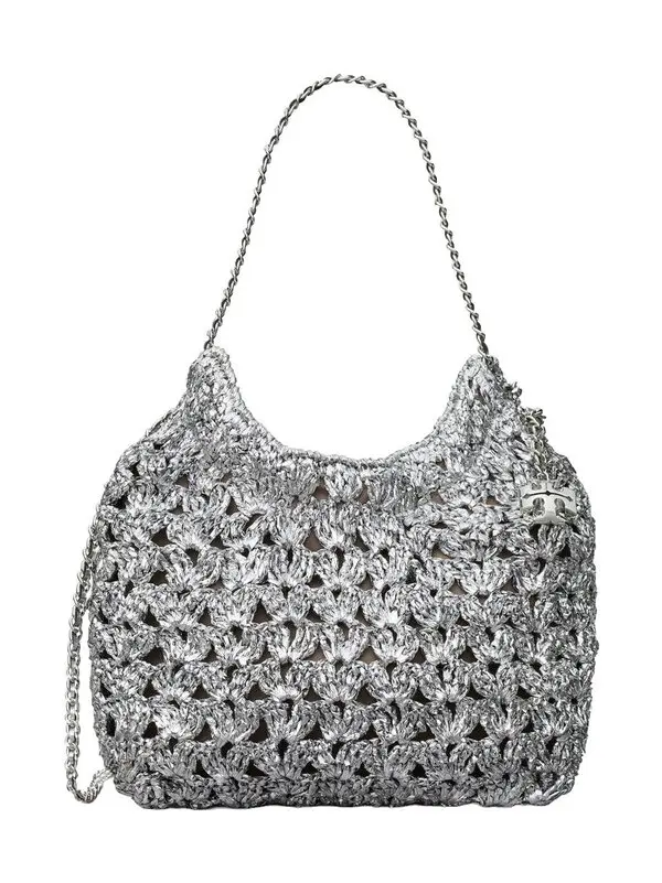 Tory Burch Fleming Metallic Woven Mini Hobo Bag - Silver
