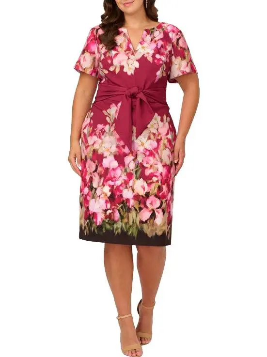 Adrianna Papell Floral Print Tie Front Stretch Twill Sheath Dress - Berry Multi