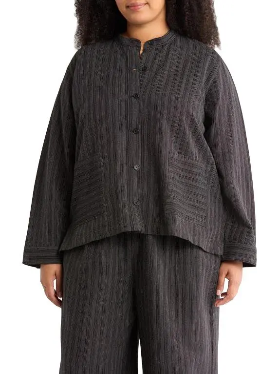 Eileen Fisher Stripe Mandarin Collar Shirt Jacket - Black