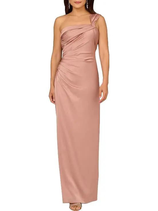 Adrianna Papell One-shoulder Crepe Back Satin Gown - Warm Cameo