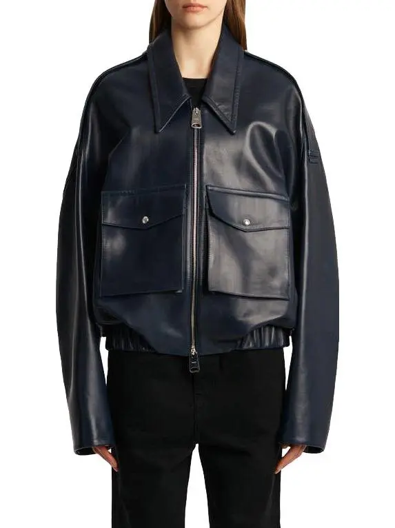 Khaite Owey Plongé Leather Bomber Jacket - Dark Navy
