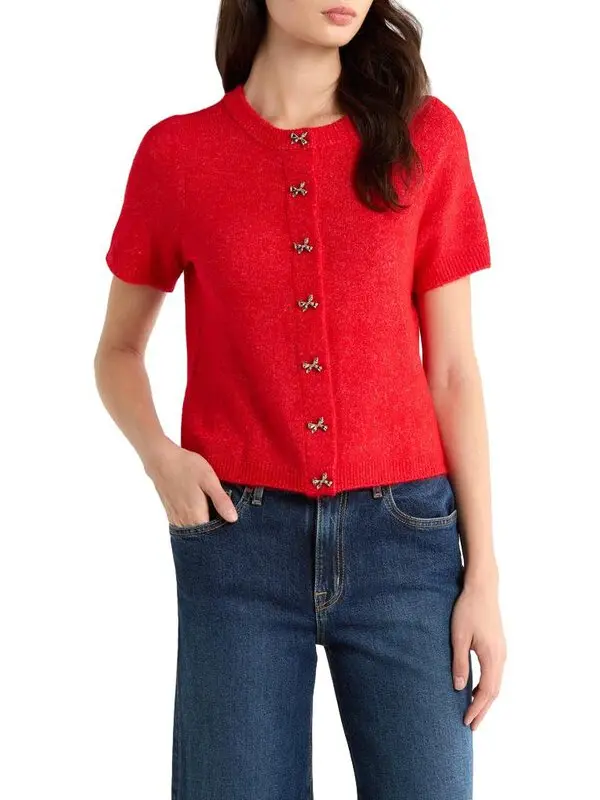 CECE DUPRAZ Short Sleeve Bow Button Cardigan - Bright Cherry