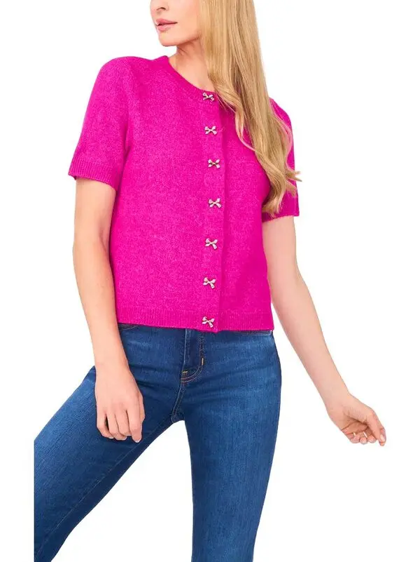 CECE DUPRAZ Short Sleeve Bow Button Cardigan - Magenta