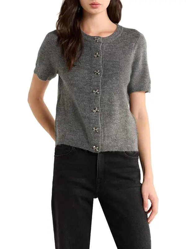CECE DUPRAZ Short Sleeve Bow Button Cardigan - Medium Heather Grey