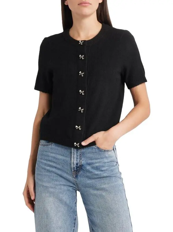 CECE DUPRAZ Short Sleeve Bow Button Cardigan - Rich Black