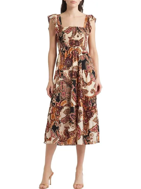 Vince Camuto Paisley Tiered Midi Sundress - Brown Mult