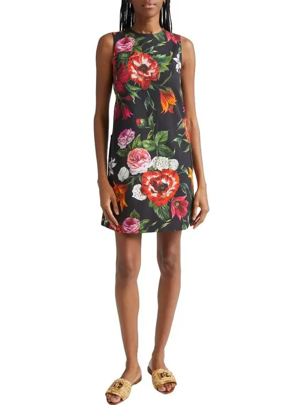 Dolce & Gabbana Floral Print Stretch Faille Shift Mini Dress - Hn5pb Anemoni Gigli F.nero