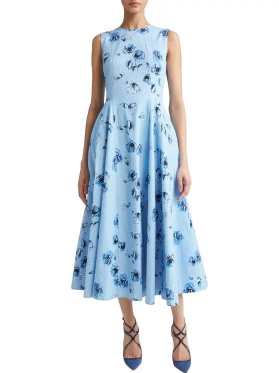 EMILIA WICKSTEAD Chelsea Floral Swiss Dot Fit & Flare Midi Dress - Blue Poppies On Baby Blue