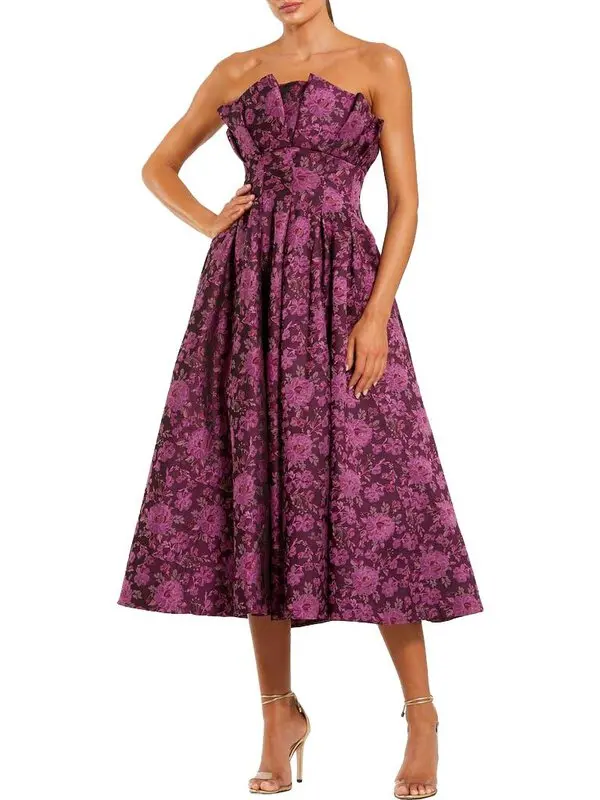 Mac Duggal Floral Brocade A-line Midi Dress - Magenta Multi