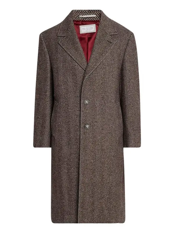 Brunello Cucinelli Chevron Raglan-sleeve Overcoat - Brown And Panama