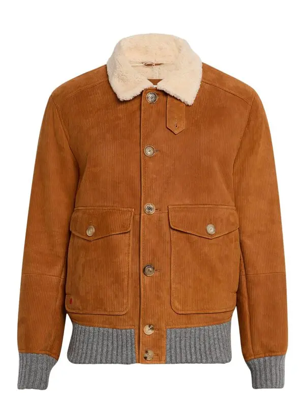 Brunello Cucinelli Printed Suede Shearling-collar Bomber Jacket - Whiskey