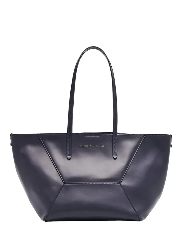 Brunello Cucinelli Small Leather Shopper Tote Bag - Night Sky