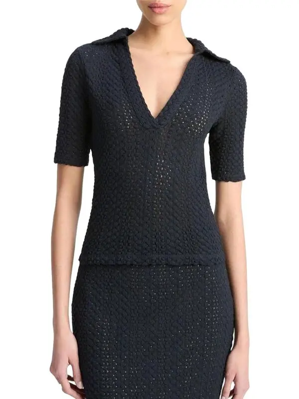 Vince Knit Elbow-sleeve Polo Top - Coastal