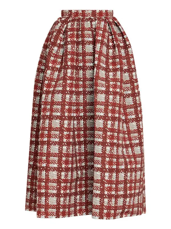 Oscar De La Renta Textured Plaid-print Pleated Midi Circle Skirt - Burgundy Blue