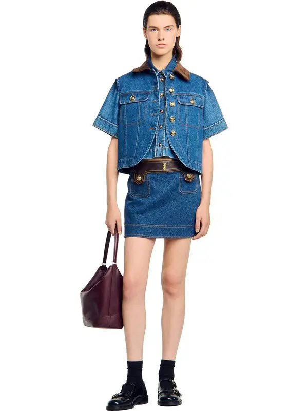 Sandro Mini Denim Skirt With Leather Details - Dark Blue