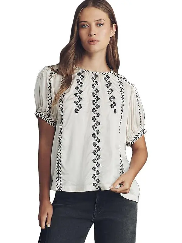 Anthropologie Puff-sleeve Embroidered Top - Ivory & Black