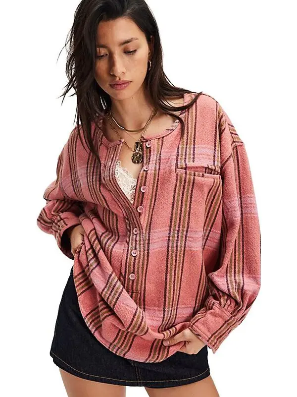 Free People We The Free Perfect In Plaid Pullover - Pink Combo