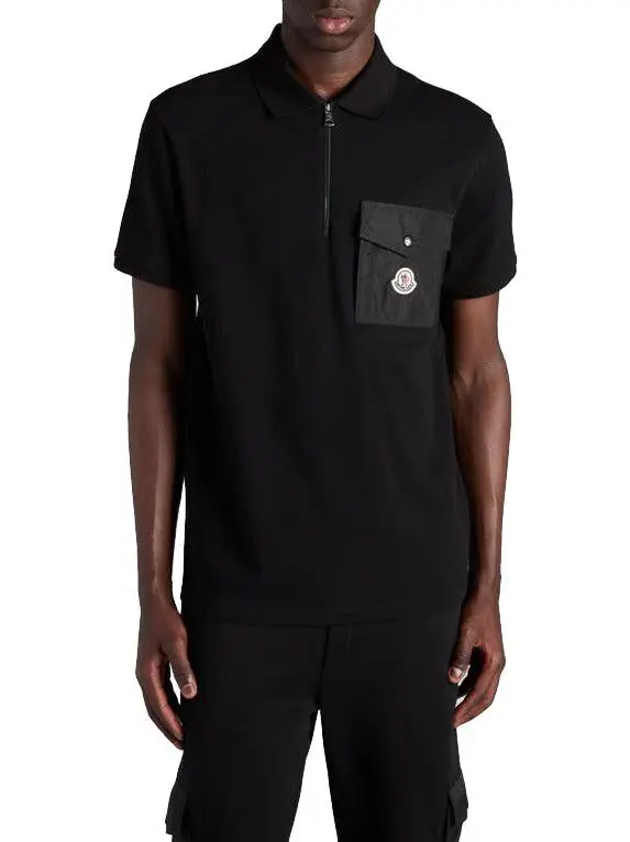 Moncler Logo Patch Pocket Zip Polo - Black