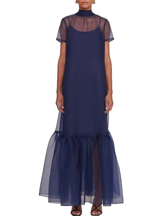 Staud Calluna Organza Gown With Ruffle Hem - Navy