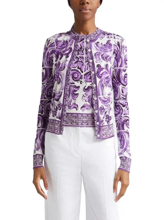 Dolce & Gabbana Majolica Print Silk Cardigan - H25dq Maiolica 1l Viola