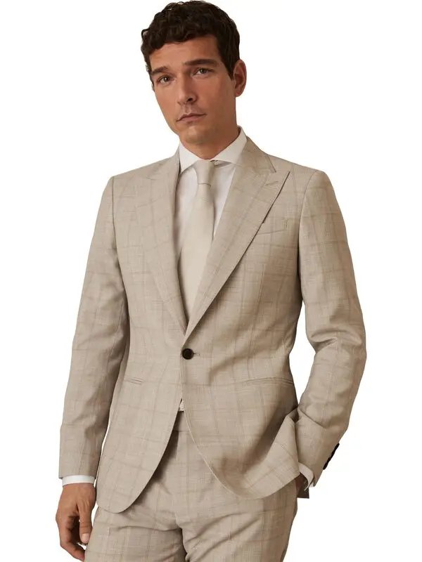 REISS Alfie Wool Single-breasted Check Suit Blazer Classic-fit - Oatmeal Brown