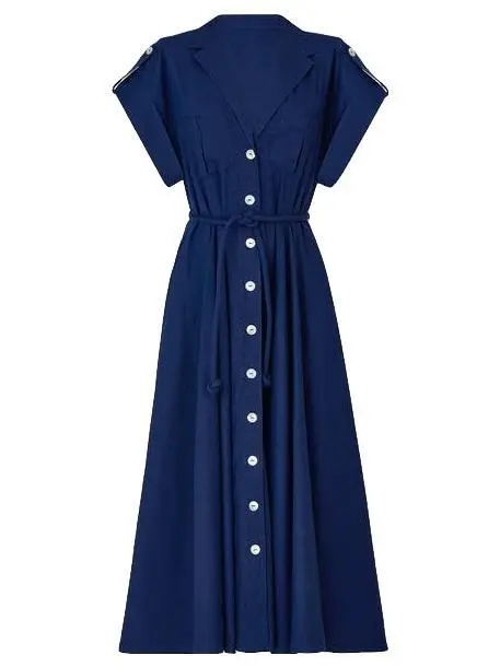 NO PISE LA GRAMA Guayaba Midi-length Linen Dress - Navy