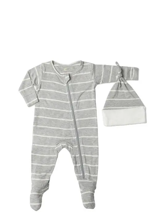 EVERLY GREY Jersey Footie And Hat Set - Heather Grey Stripe