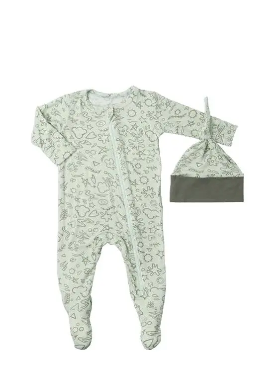 EVERLY GREY Jersey Footie And Hat Set - Sage Doodle