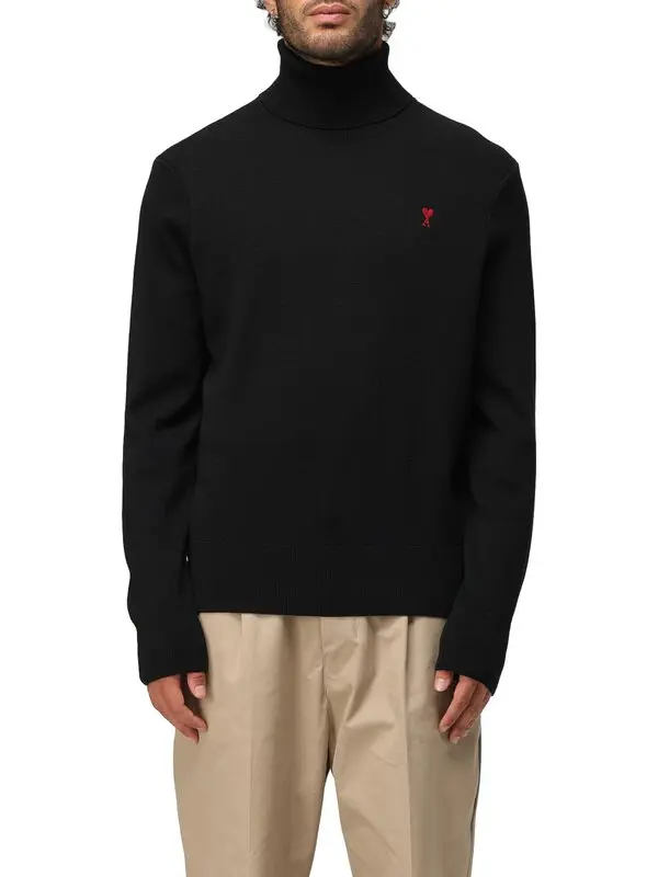 AMI Paris Merino Wool Turtleneck Sweater With Embroidered Logo - Black